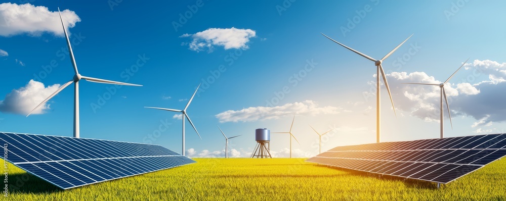 A clean energy farm with solar panels, wind turbines, and a hydrogen ...