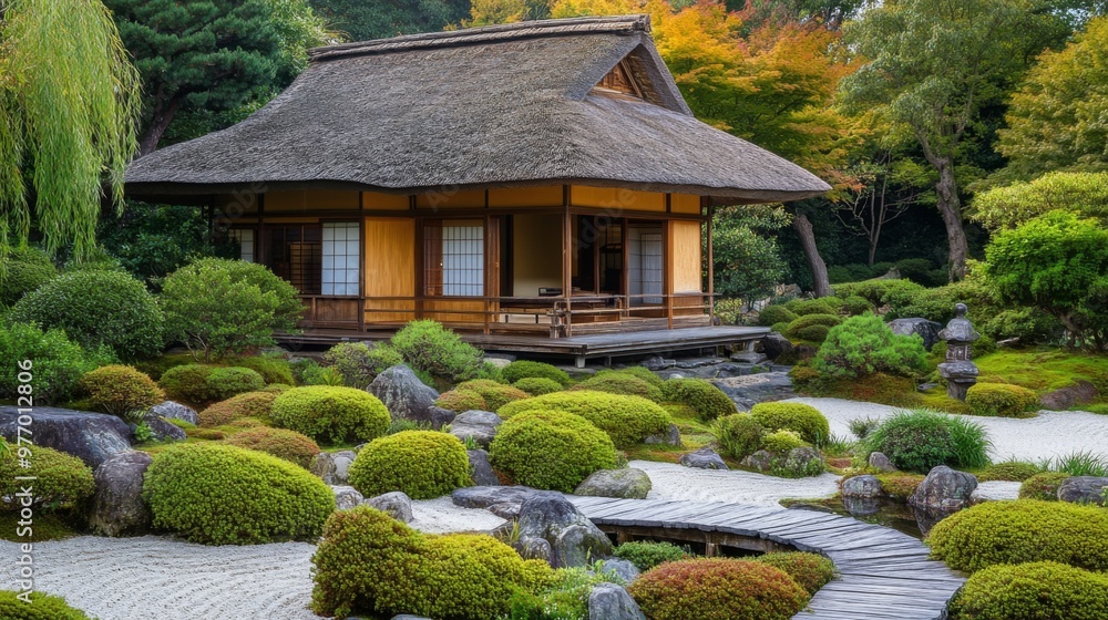 A charming photo of a traditional Japanese tea house with a thatched ...