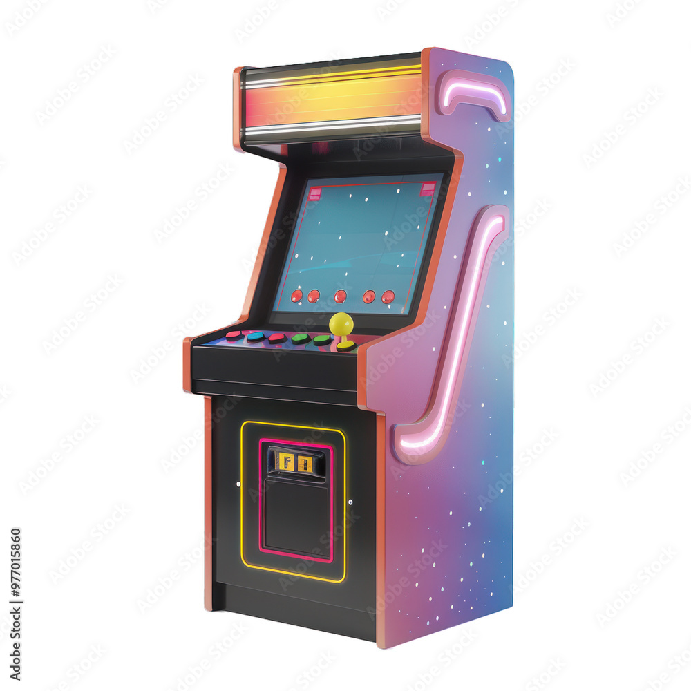 Colorful vintage arcade game machine standing on a white background ...