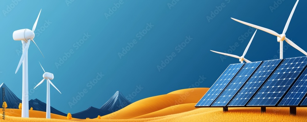 A clean energy farm with solar panels, wind turbines, and a hydrogen ...