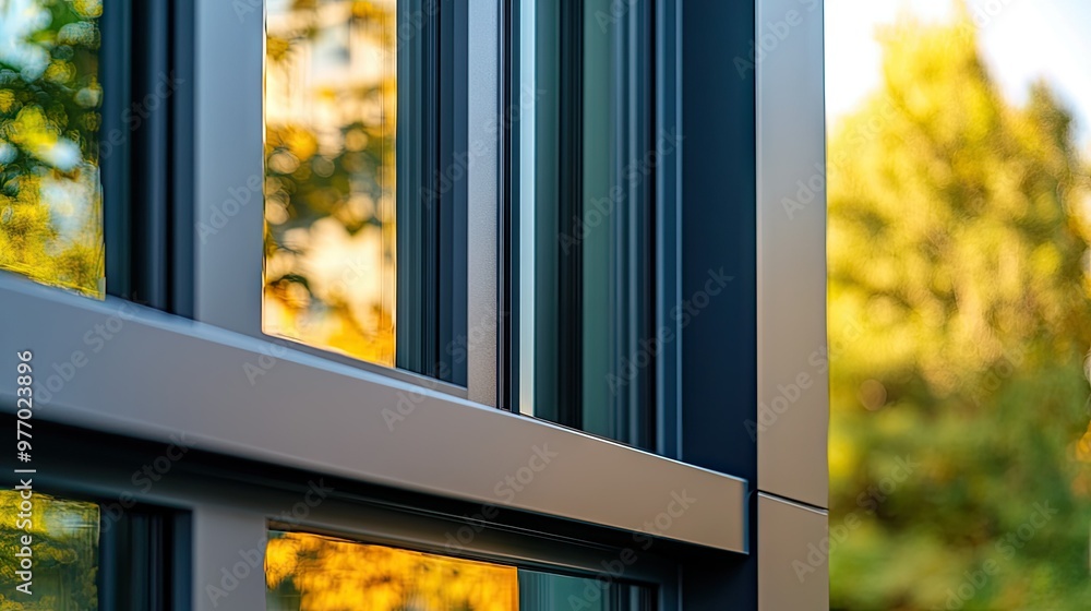 A close-up of a black aluminum window frame with double-glazed glass ...