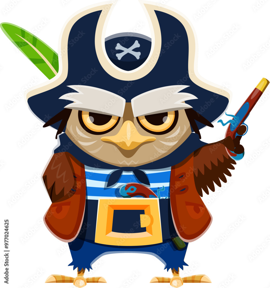 Cartoon owl bird pirate or corsair captain character, vector funny Caribbean skipper. Cute owl ...