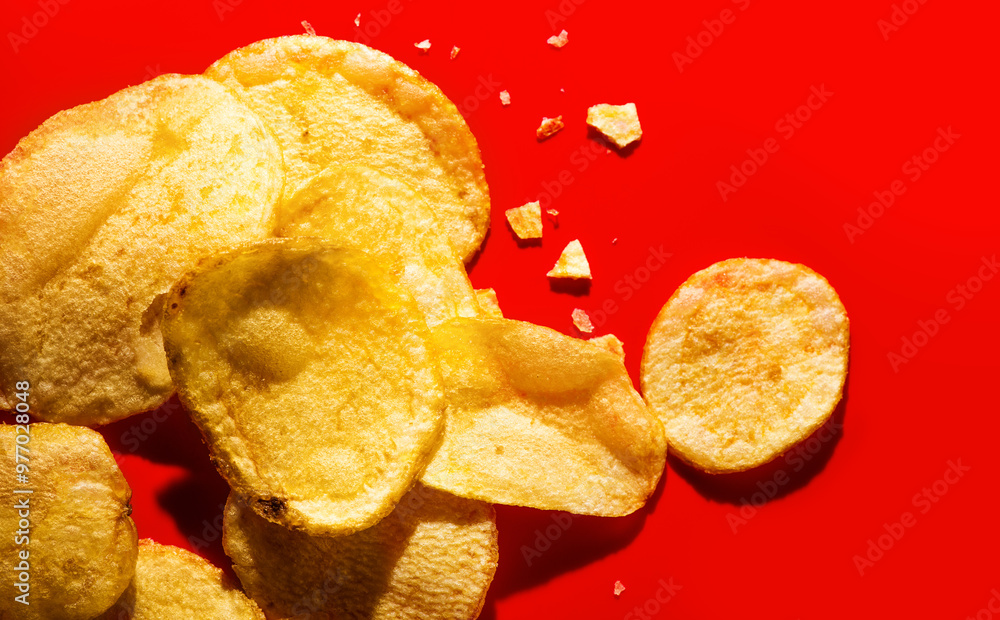 Potato chips over red background. Homemade rustic chips border design ...