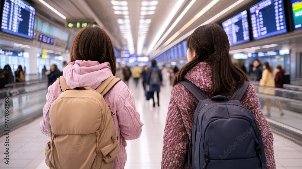 Travelers Walking Through Airport Customs with Flight Departures ...