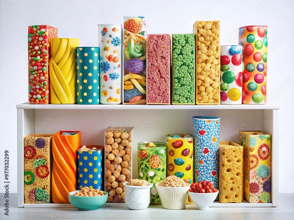 Colorful array of breakfast cereal boxes with diverse shapes, sizes ...