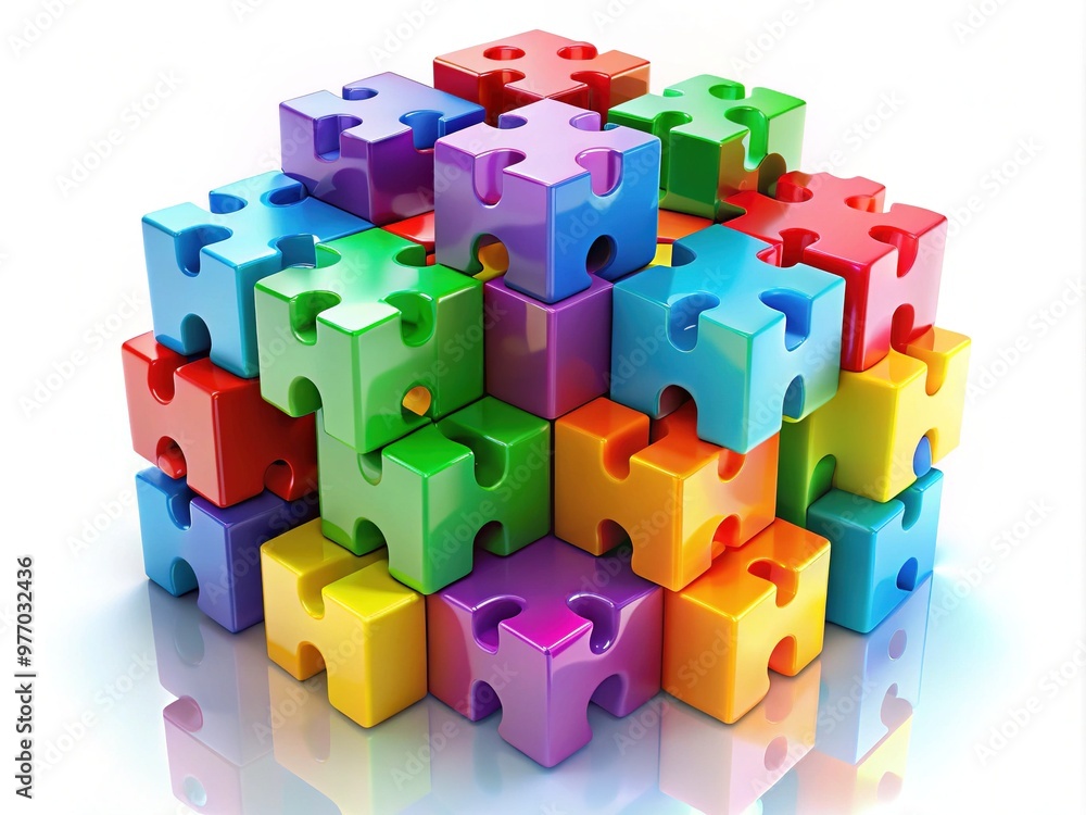 Colorful, interconnected 3D puzzle blocks with varying shapes and sizes ...
