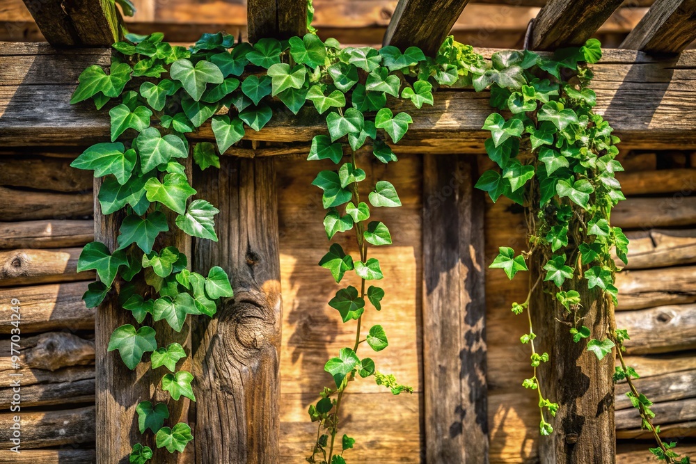 English ivy's delicate, dark green tendrils cascade from a wooden ...