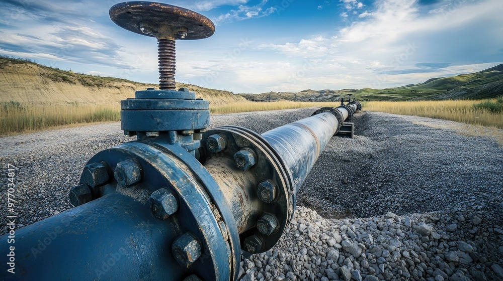 A detailed look at a valve mechanism on a pipeline at an oil field ...