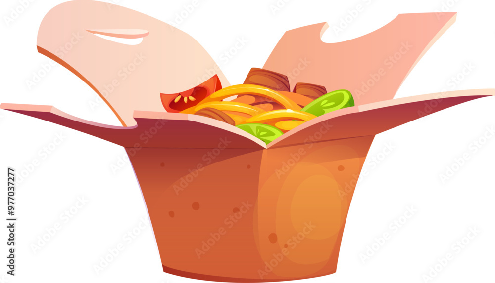 Cartoon fast food takeout box with wok noodles, vegetables and chunks ...