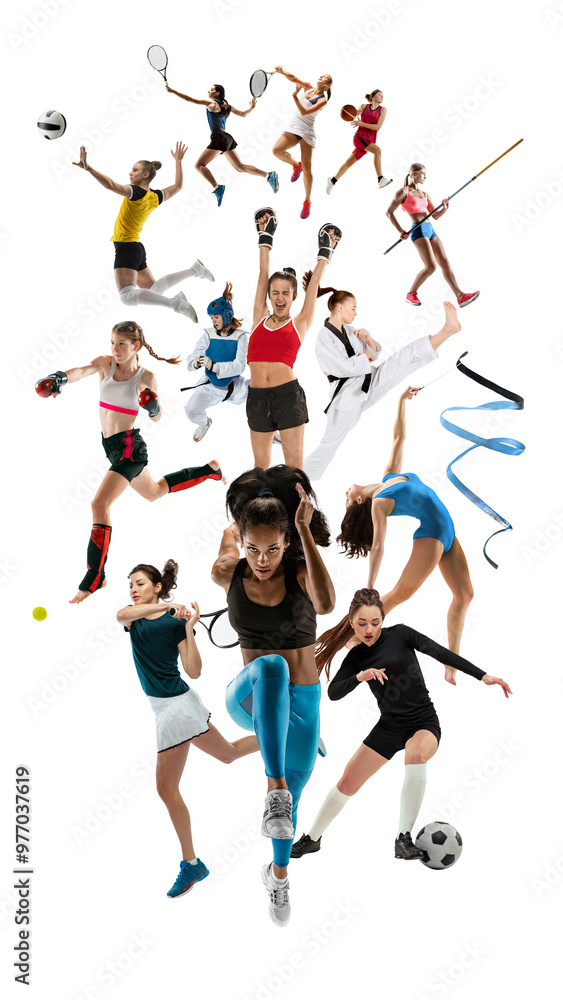 Vertical creative collage with multiple female athletes of various ...