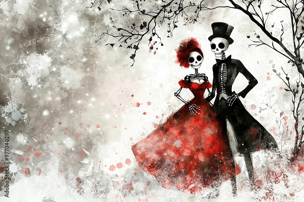 Regency era skeleton couple, empire waist gown, tailcoat, skull faces ...