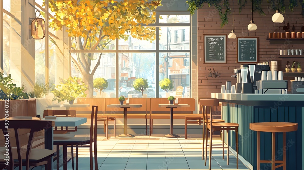 Bright coffee shop interior with warm sunlight streaming through large ...
