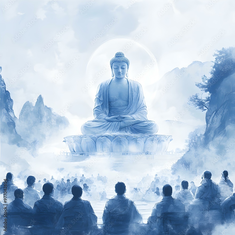 Serene Meditation Gathering, a majestic Buddha statue surrounded by ...
