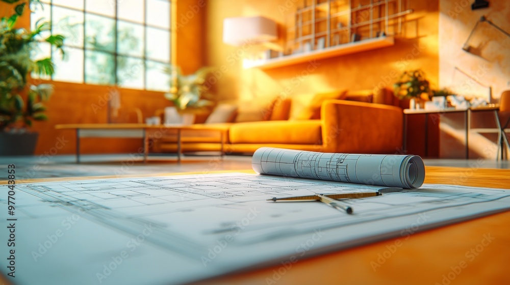 A detailed architectural floor plan laid out on a table with drafting ...