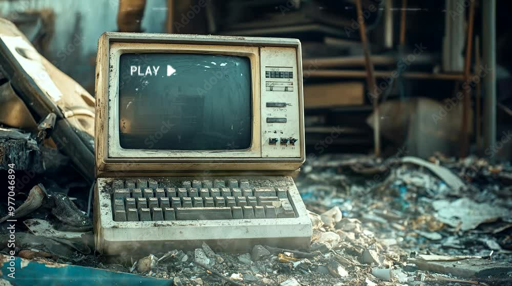 Rusted vintage computer left in ruins, representing technological ...