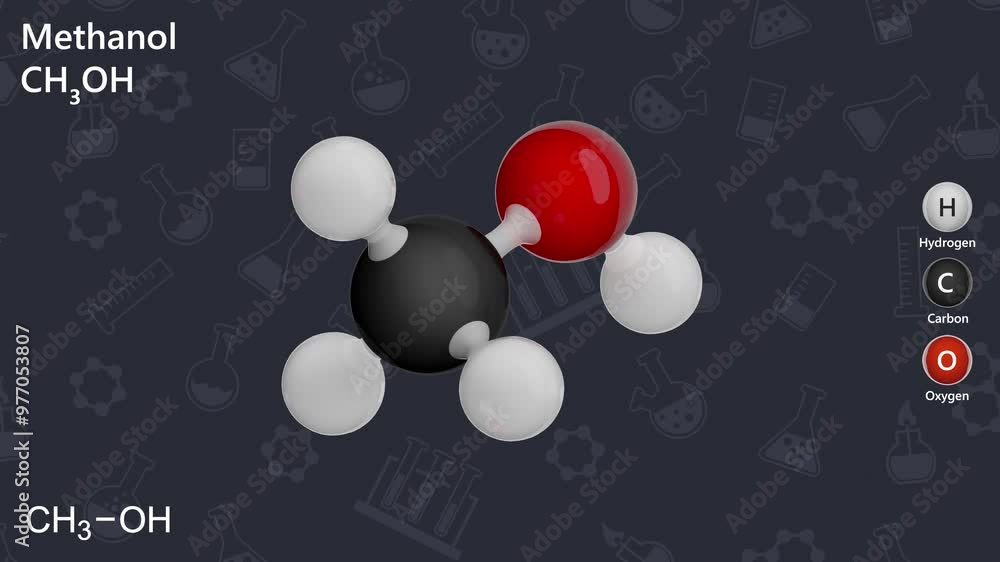 The Animated 3D model of methanol molecule CH3OH (CH4O). Methanol appears as a colorless ...