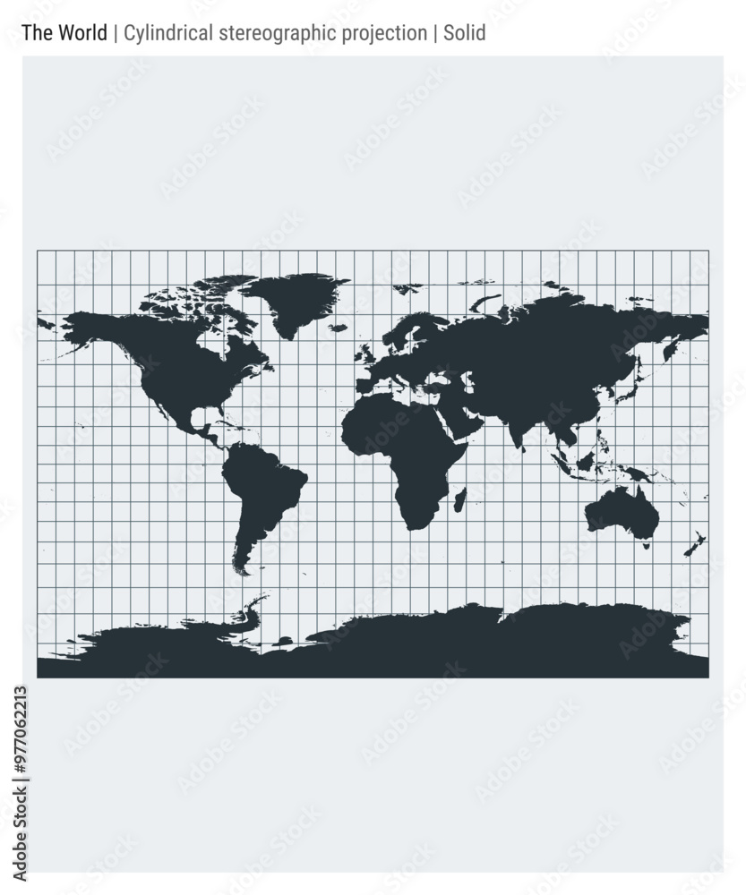 World Map. Cylindrical stereographic projection. Solid style. High ...