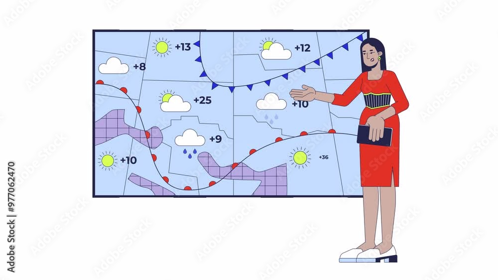 Weather presenter woman forecasting precipitations, temperature 2D ...
