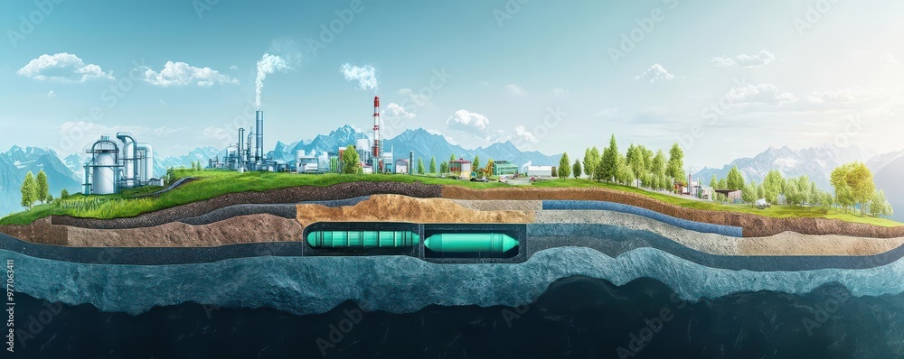 Cross-section illustration of carbon capture and storage processes ...
