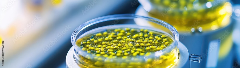 Close-up of microbial culture growing inside a bioreactor in a sterile ...