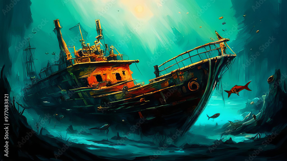 Underwater scene with an ancient shipwreck surrounded by marine life ...