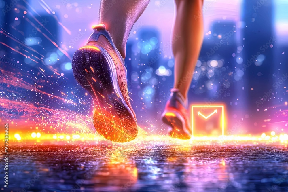Cartoon marathon runner, legs in full stride, with a glowing finish ...
