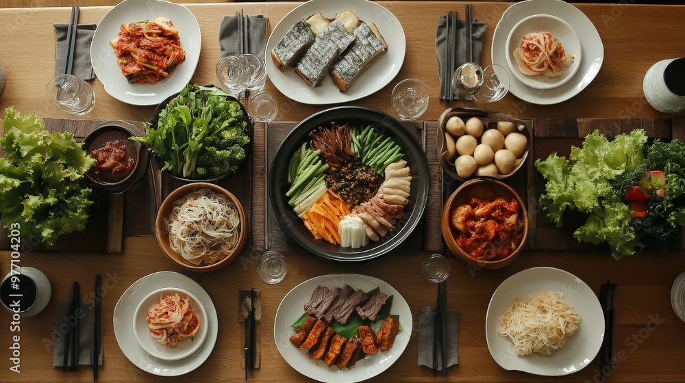 An inviting Korean dining table set with traditional dishes like ...