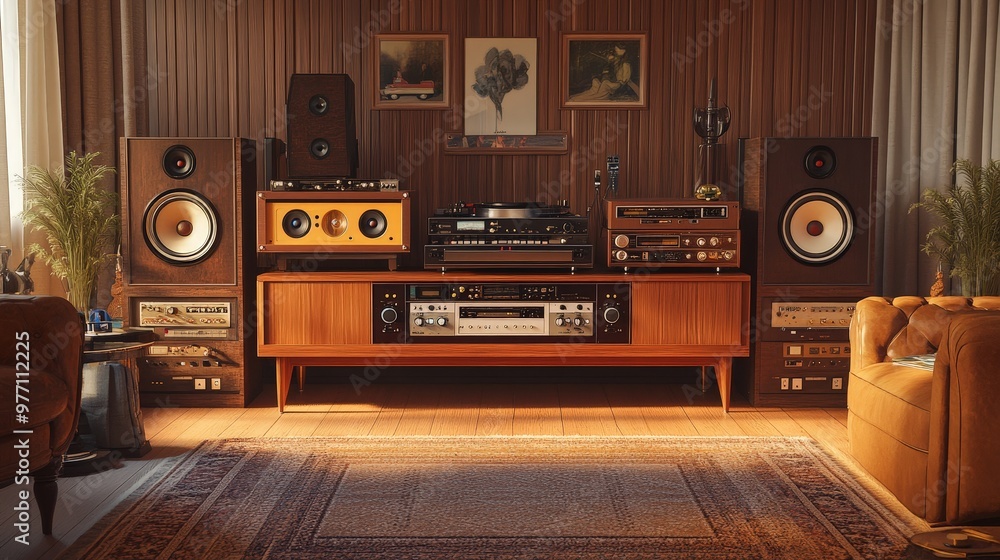 A vintage home stereo system with large speakers, cassette deck, and ...