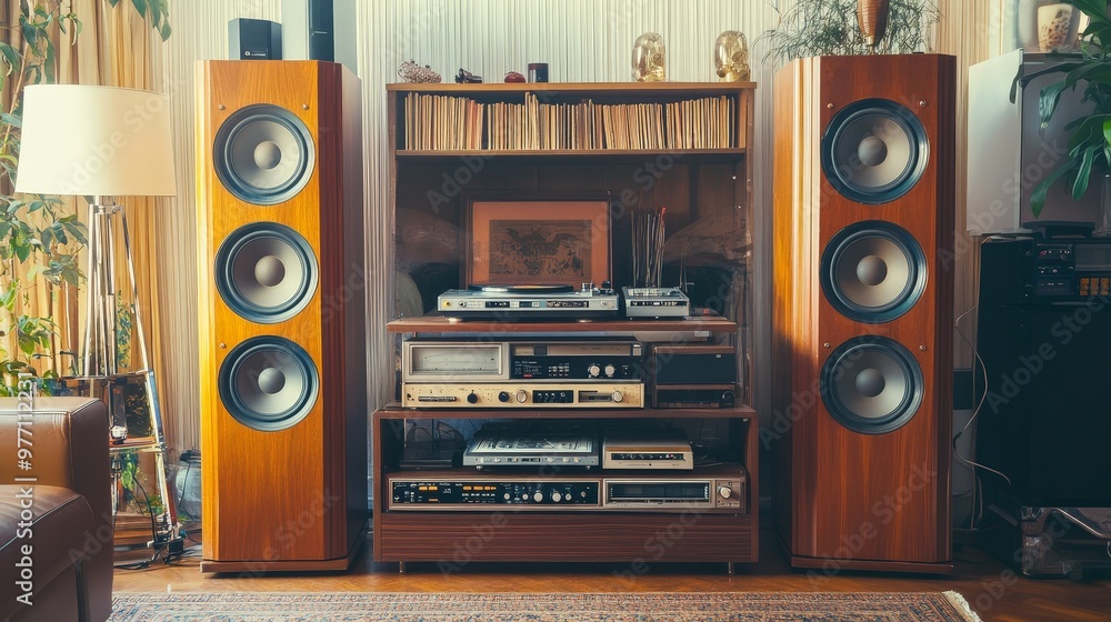 A vintage home stereo system with large speakers, cassette deck, and ...