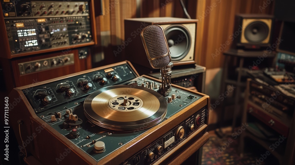An old-school reel-to-reel audio tape recorder with spools and a ...