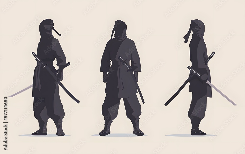 Stylized silhouettes of a ninja warrior in different poses, showcasing ...