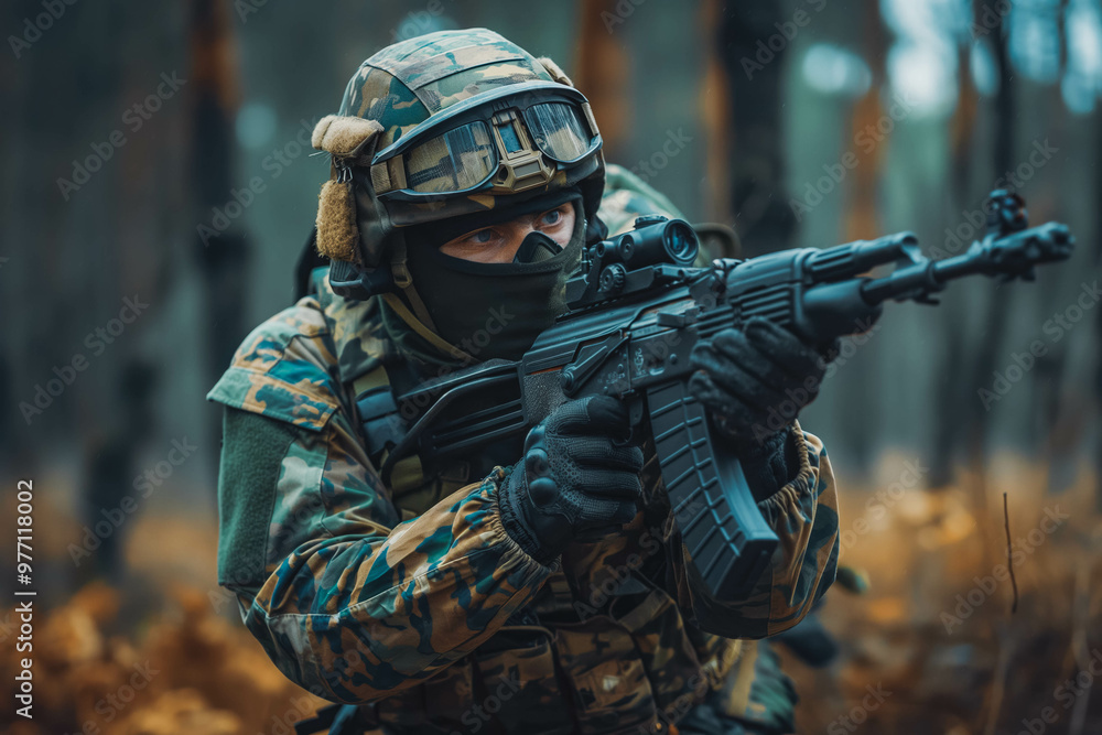 soldier in modern combat gear combat uniform in camouflage colors with ...