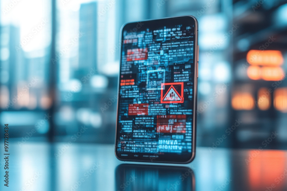 Foto de Smartphone displaying digital data with warning signs ...
