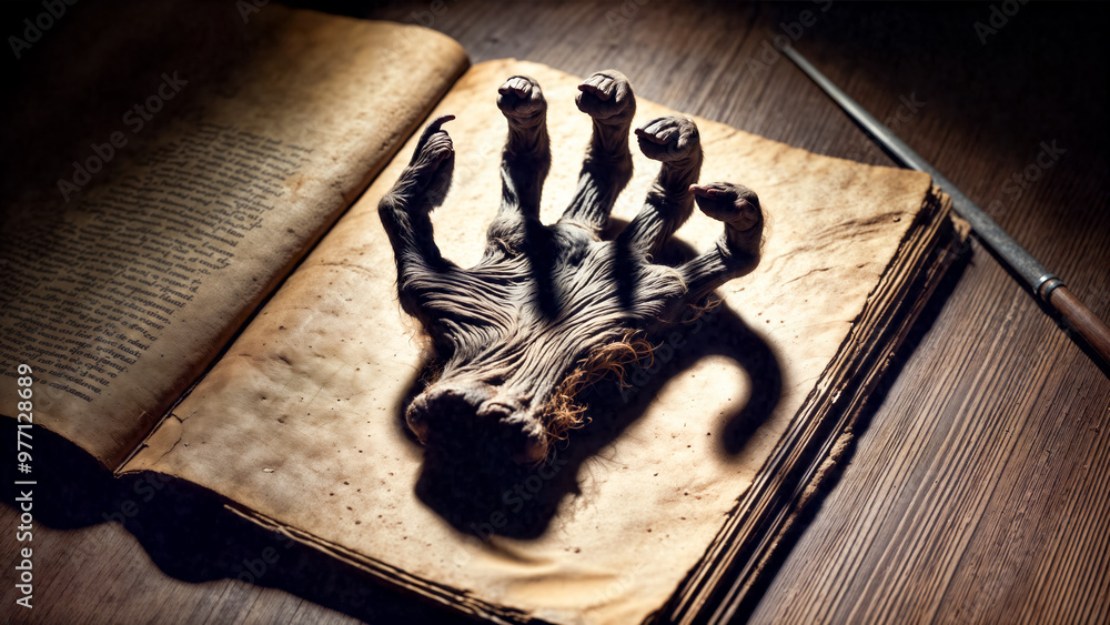 Mummified monkey's paw on ancient book, dramatic lighting. Creepy wish ...