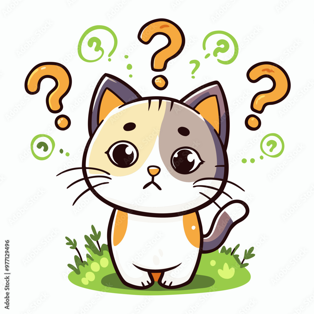 Confused cat with question marks floating around on grassy patch Stock ...