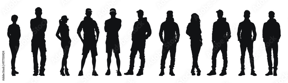Diverse standing people in various postures, vector illustration. Black ...