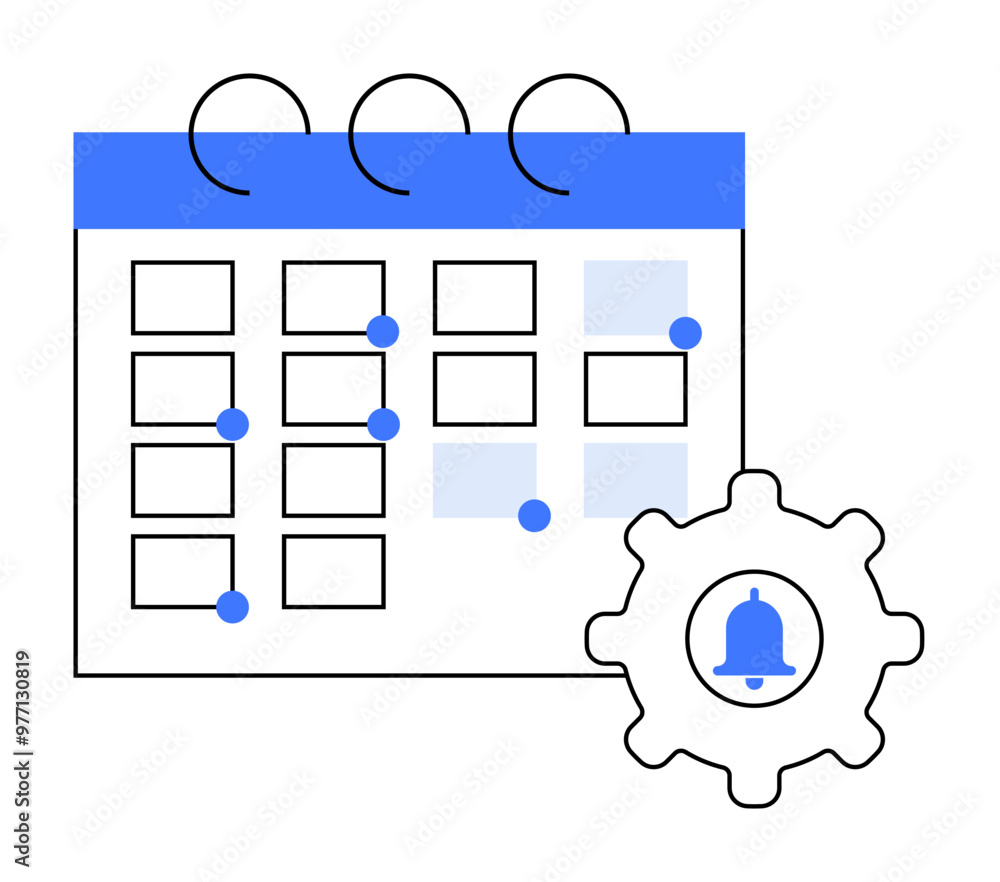Calendar with highlighted events, settings gear with notification bell ...