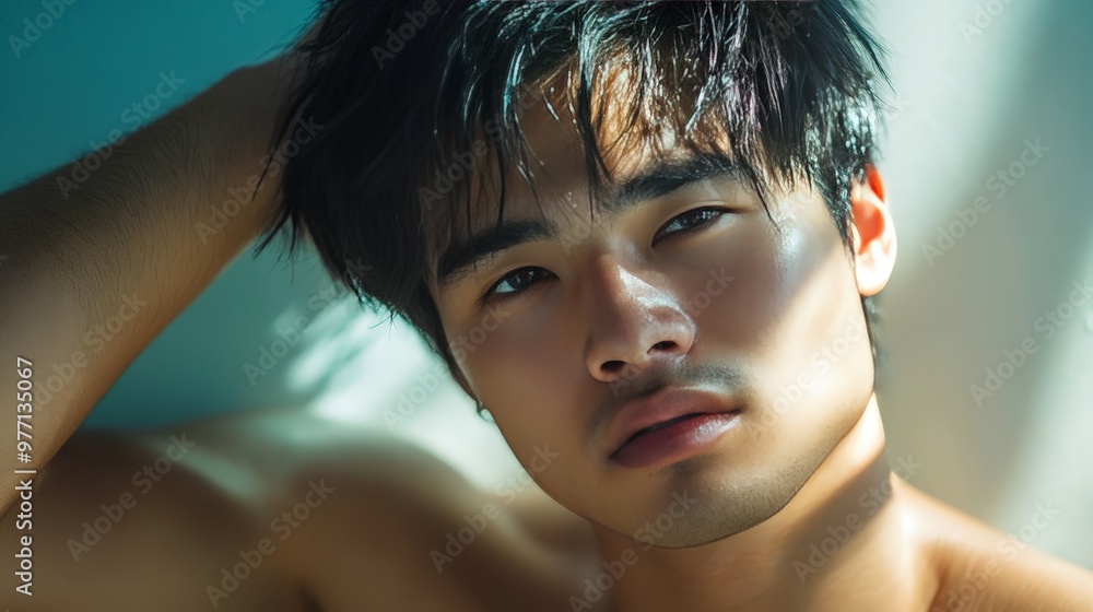 Battling dry skin, a young Asian man scratches often, seeking relief ...