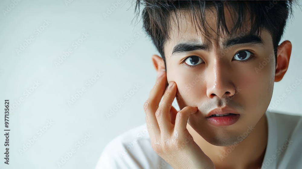 Dealing with dry skin, a young Asian man scratches often, trying to ...