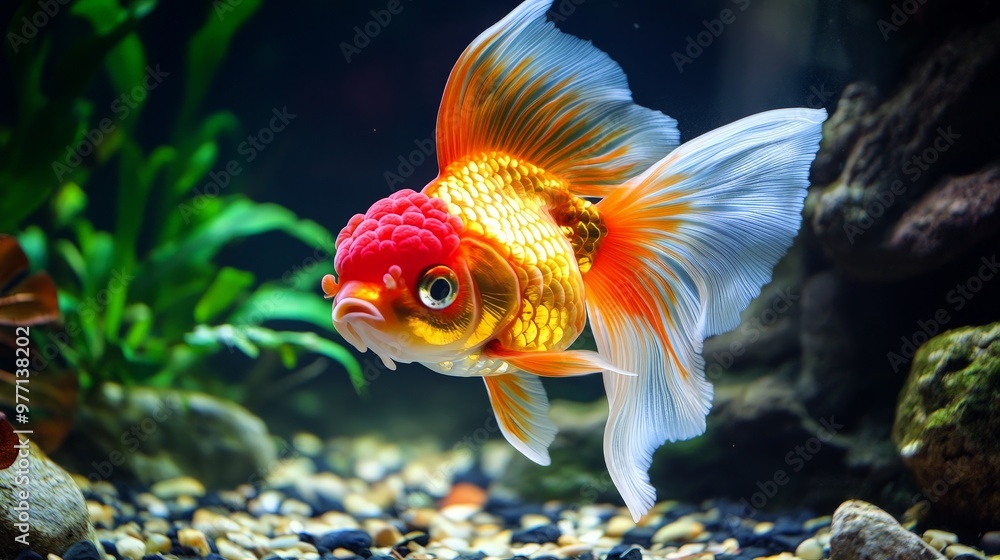 In the aquarium fish tank, the Oranda goldfish's vibrant hues and ...