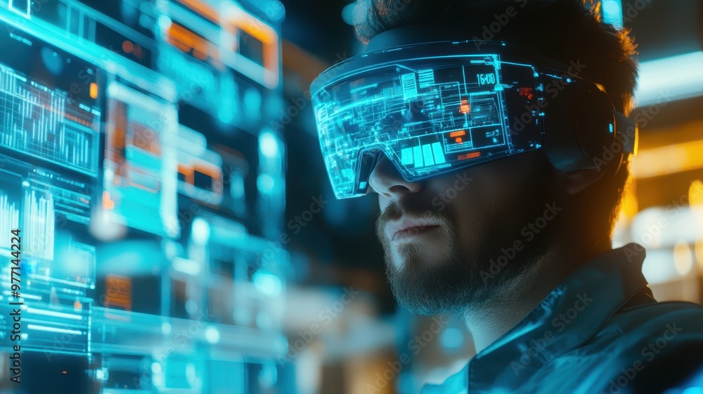 Engineer performing detailed quality evaluation using augmented reality glasses, holographic ...