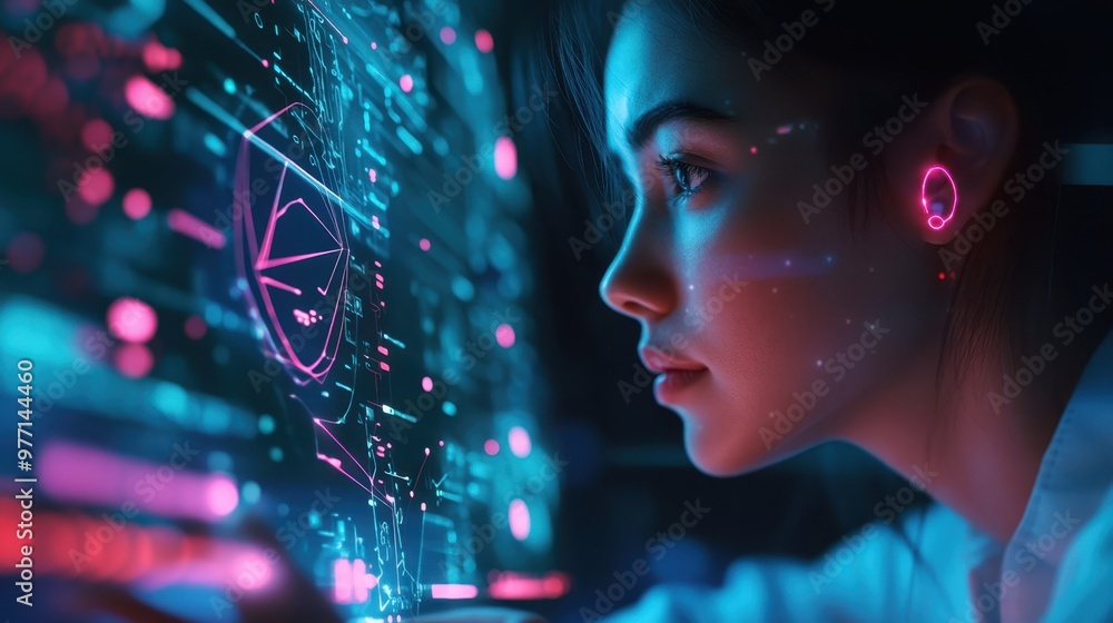 Employee practicing skills on a holographic training interface, close ...