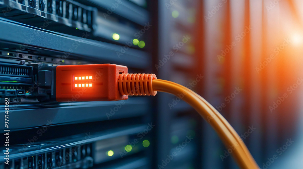 A cable being unplugged from server rack in dimly lit data center, showcasing intricate ...