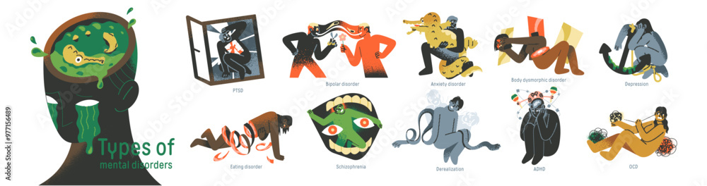 Types of mental disorders set. Concept of psychological health and ...