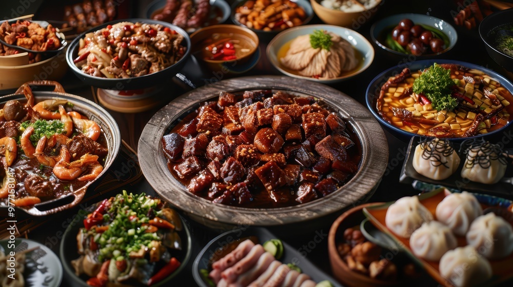Table overflowing with various Chinese dishes, including braised pork ...
