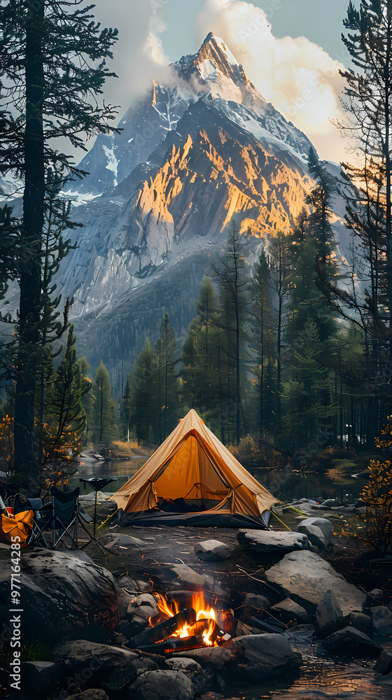 camping tent in the forest.Summer camp with bonfire, tent, backpack ...