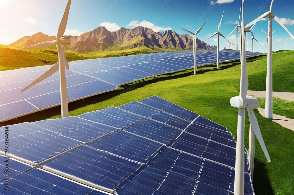 Renewable energy sources, featuring a blend of wind turbines, solar ...