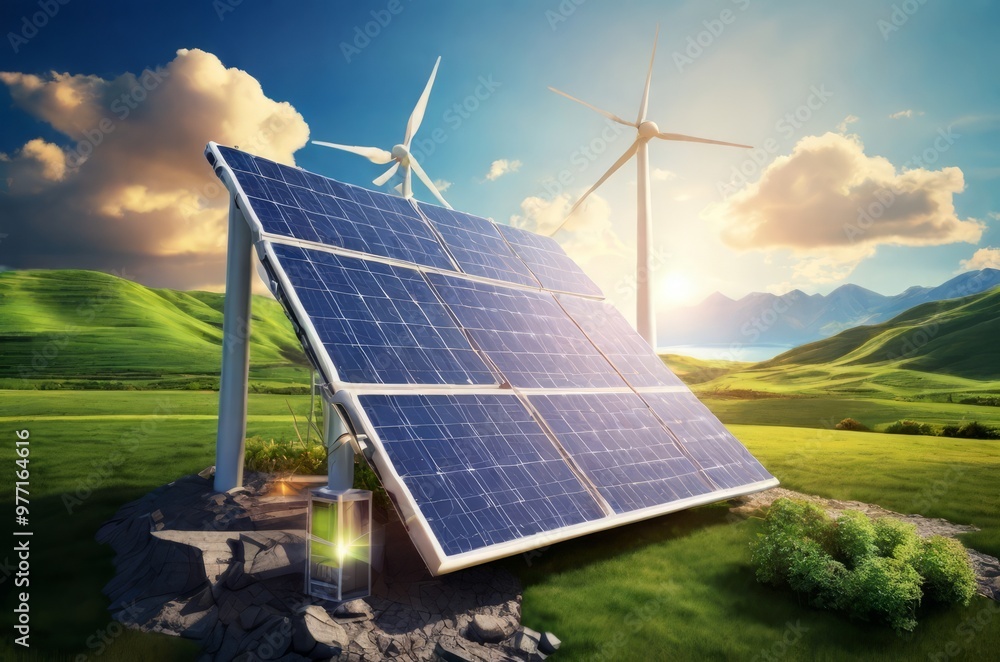 Renewable energy sources, featuring a blend of wind turbines, solar ...