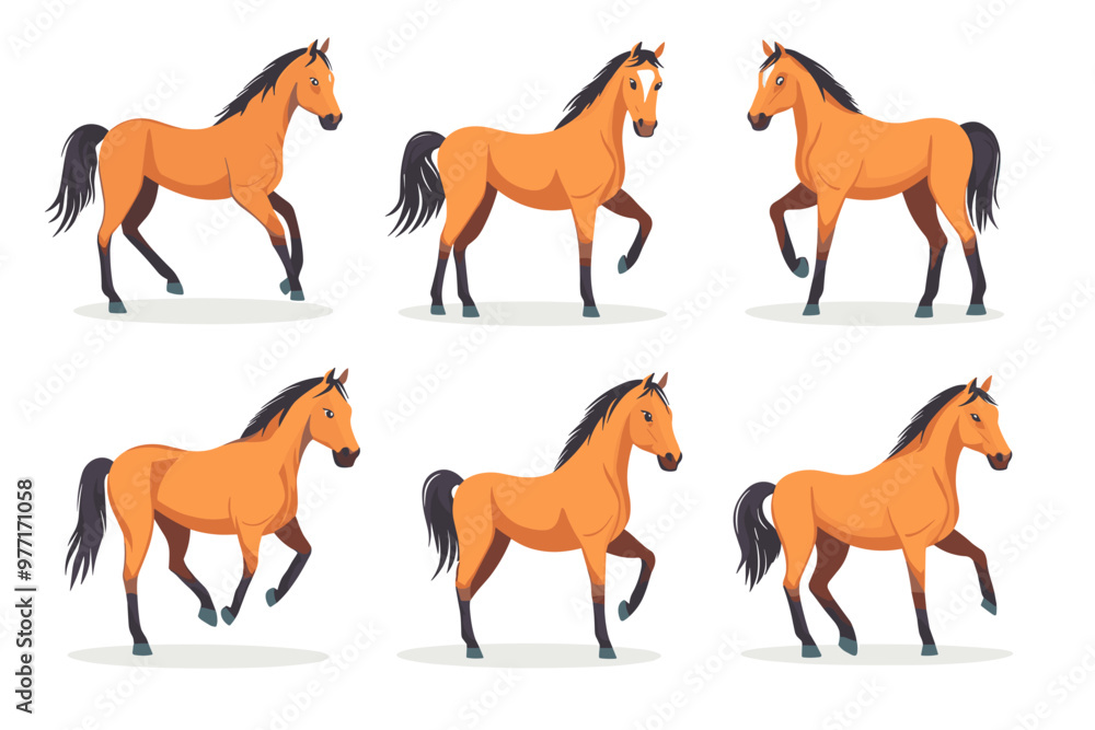 Horse poses. Wild horses walking or gallop running pose, arabian mare ...