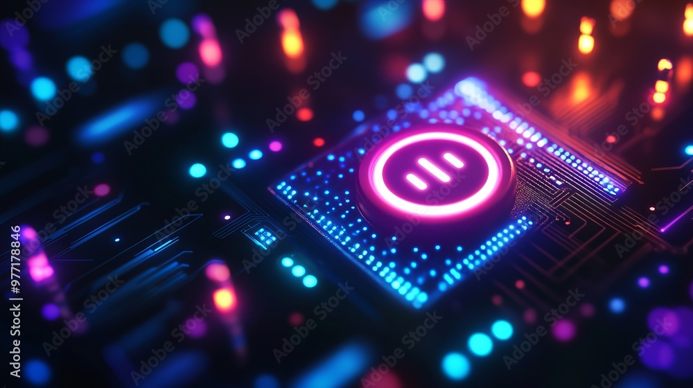 A power button on a digital semiconductor. AI chip with power icon or ...